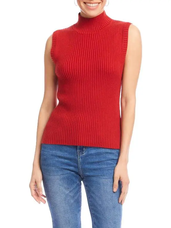Karen Kane Sleeveless Mock Neck Ribbed Sweater - Tomato Red