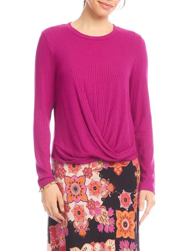 Karen Kane Rib Knit Twist Hem Top - Magenta Pink