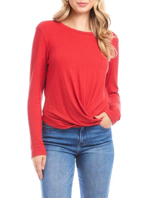 Karen Kane Rib Knit Twist Hem Top - Tomato Red