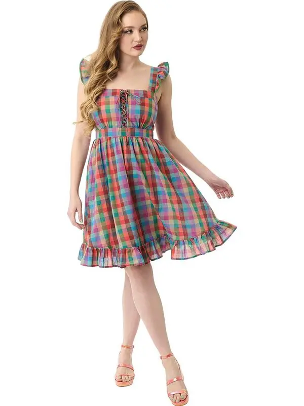 SMAK PARLOUR Corset Lace Fit & Flare Dress - Rainbow Plaid
