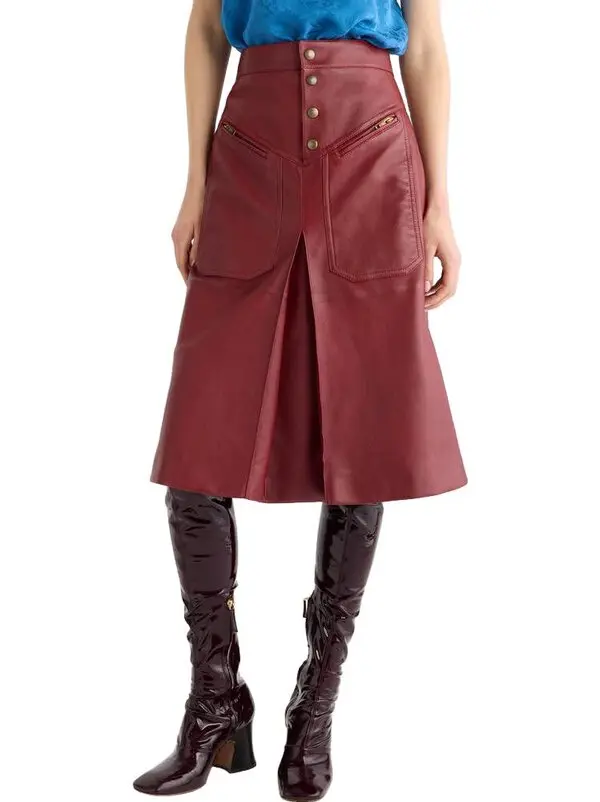 Chloé Inverted Pleat Lambskin Leather Knee-length Skirt - Dark Ruby