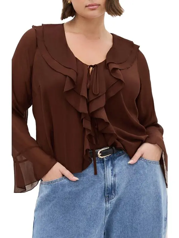 City Chic Tiered Ruffle Bell Sleeve Top - Chocolate