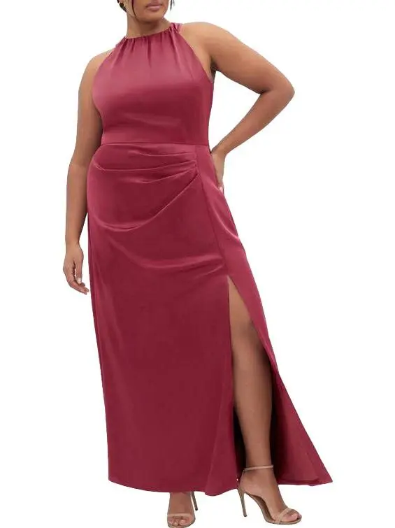 City Chic Celina Halter Neck Satin Maxi Dress - Beet Red