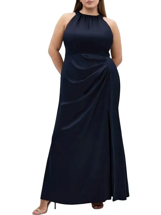 City Chic Celina Halter Neck Satin Maxi Dress - Navy