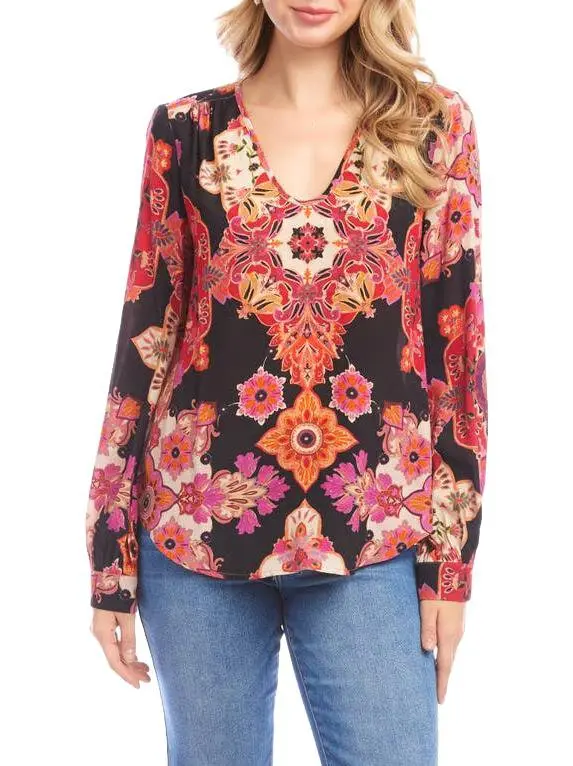 Karen Kane Medallion Floral Crepe Top - Pink Print