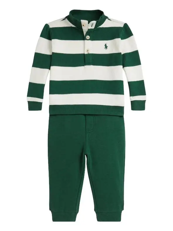 Ralph Lauren Estate Rib Stripe Cotton Rugby Shirt & Joggers Set - Kelly Green Multi