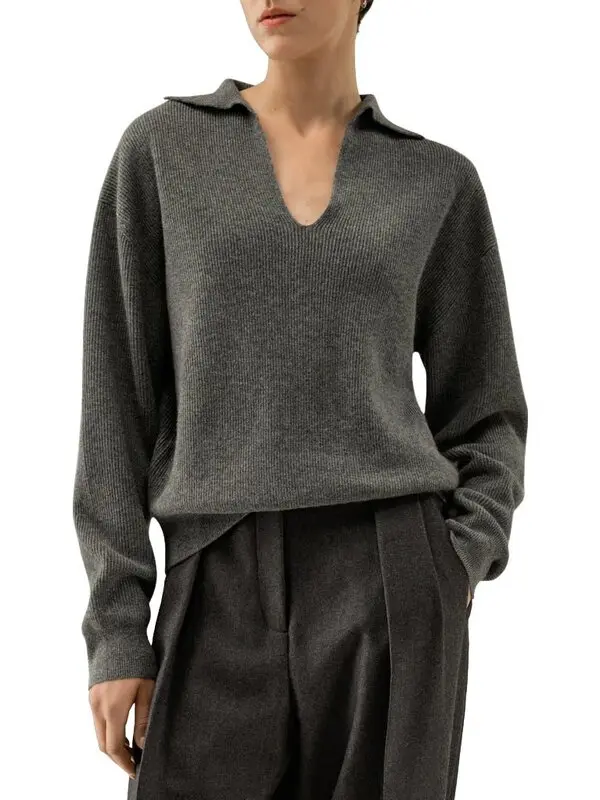 Lilysilk Ribbed Cashmere Polo Sweater - Deep Oak