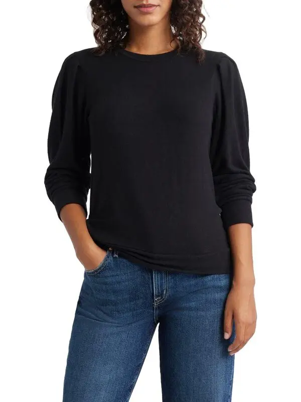 Loveappella Pleated Long Sleeve Brushed Jersey Top - Black