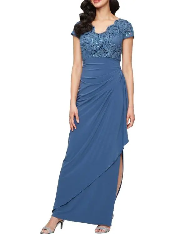 Alex Evenings Sequin Embroidered Ruched Gown - Vintage Blue
