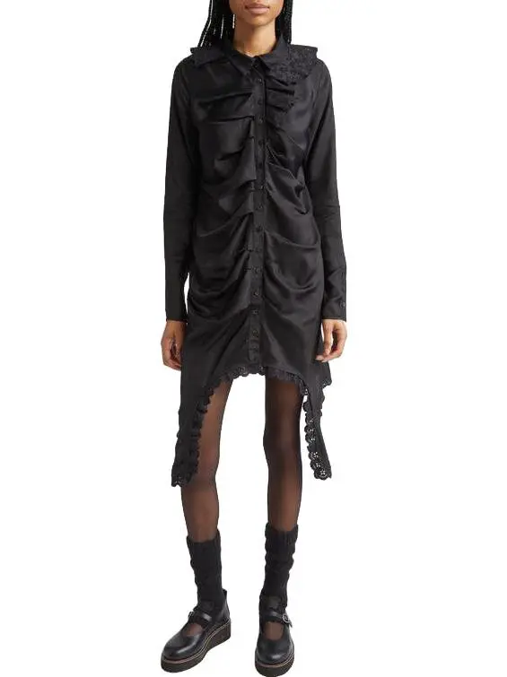 MERUERT TOLEGEN Pleated Long Sleeve Satin Shirtdress - Black