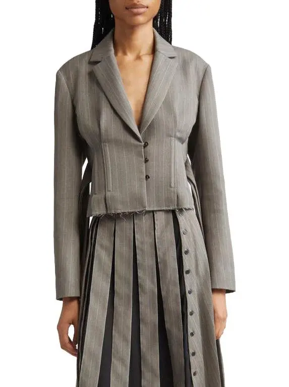 MERUERT TOLEGEN Pleated Pinstripe Cutoff Suiting Jacket - Grey