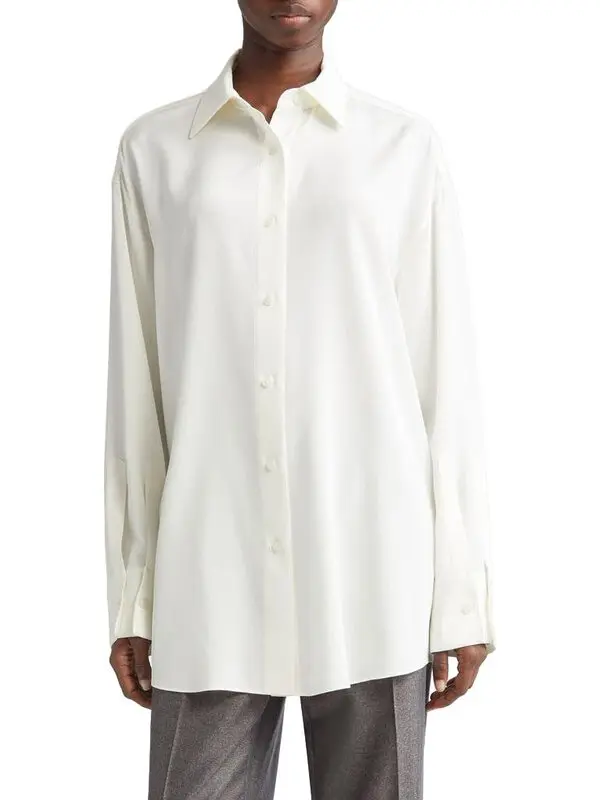 Lafayette 148 New York Oversized Point Collar Stretch Silk Shirt - Cloud