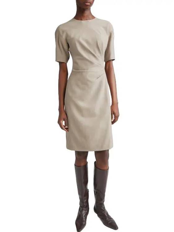 Lafayette 148 New York Short Sleeve Pleated Waist Wool Dress - Hickory Melange