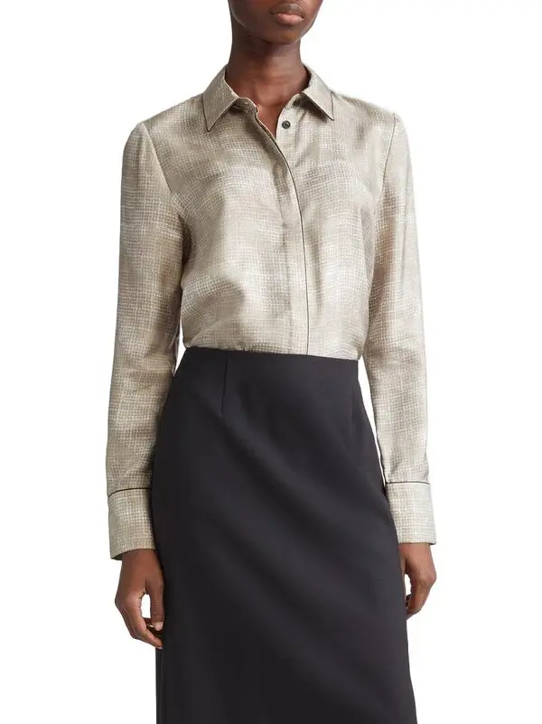 Lafayette 148 New York Scottie Piped Silk Top - Hickory Multi