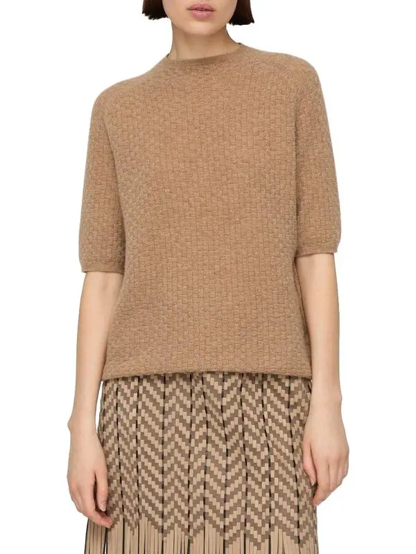 Lafayette 148 New York Basket Stitch Saddle Shoulder Cashmere Sweater - Cammello Melange
