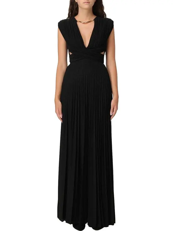 Elisabetta Franchi Pleated Maxi Dress With Plunge Neckline - Black