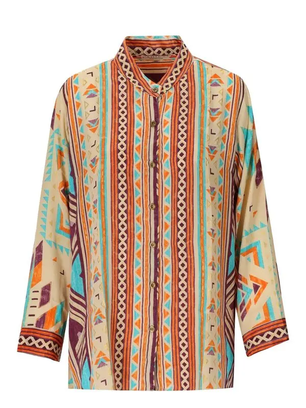 PAHIESA FORMENTERA Printed Silk Shirt With Mandarin Collar - Multicolor