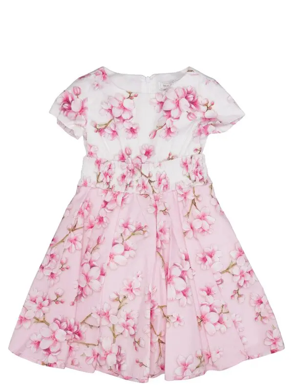 Monnalisa Dress With Floral Print - Bianco+rosa