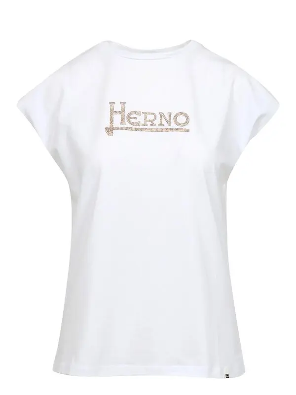 Herno T-shirt With Rhinestone Logo - Bianco+marrone