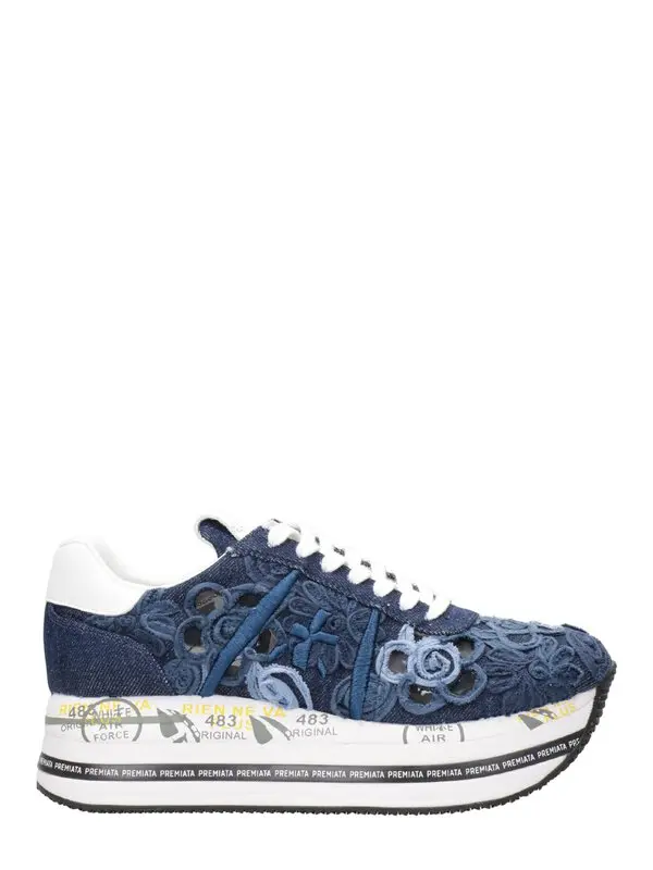 Premiata Denim Embroidered Sneakers - Blue