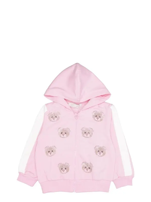 Monnalisa Cotton Sweatshirt With Rhinestone Teddy Bear Decoration - Pink