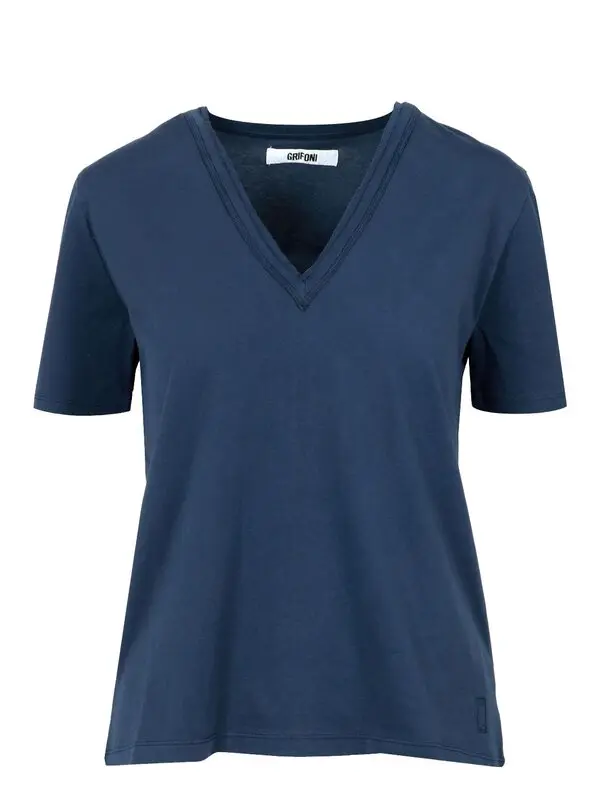 GRIFONI Cotton V-neck T-shirt - Blue