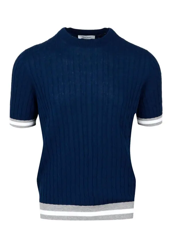 GRAN SASSO Cotton Braided Crew Neck Sweater - Blue