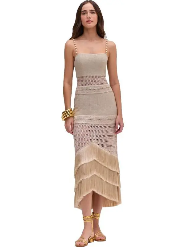 PatBO Metallic Knit Midi Dress With Fringe - Brown / Neutral