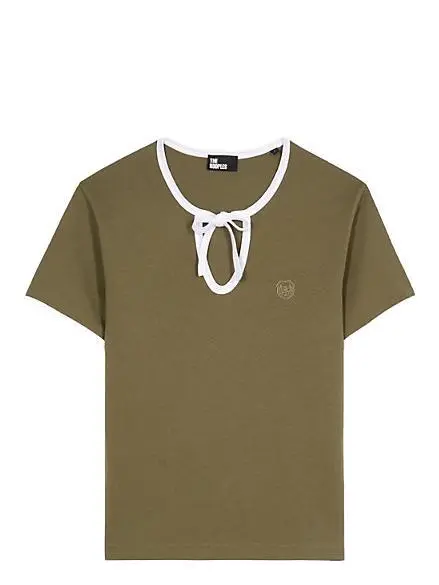 The Kooples Logo-embroidered Tie-neck Cotton T-shirt - Kaki