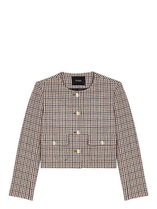 Maje Round-neck Checked Wool-blend Jacket - Beige