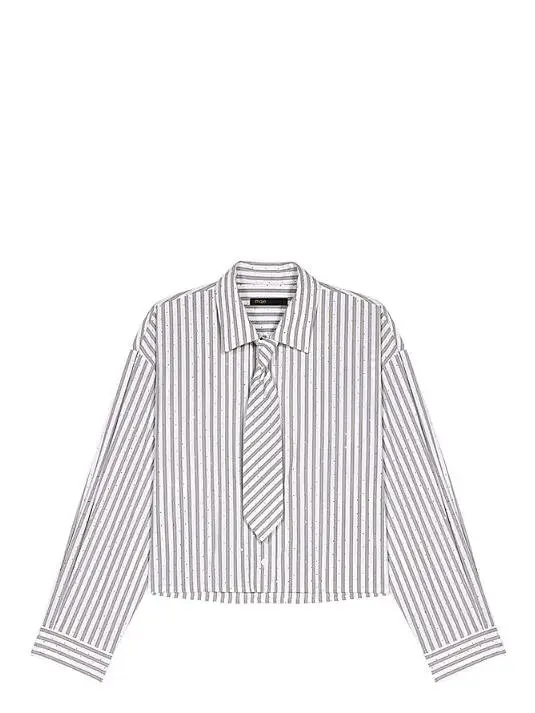 Maje Rhinestone-embellished Tie-neck Cotton Shirt - Ecru Stripes