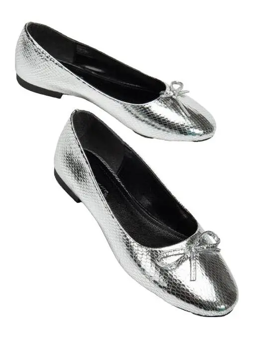 PROLOGUE SHOES Amy Ballerina Flats - Silver Faux Leather