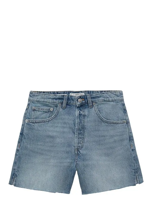 Mango Button Fly Fray Hem Denim Shorts - Medium Blue