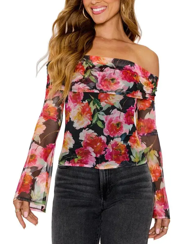 VICI Nikki Floral Print Off-the-shoulder Mesh Top - Black Floral