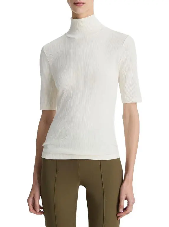 Vince Rib Knit Turtleneck Top - Off White