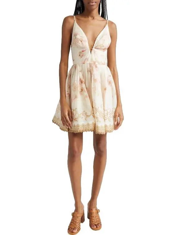 Zimmermann Hypnotic Plunge Neck Linen & Silk Minidress - Cream Peony