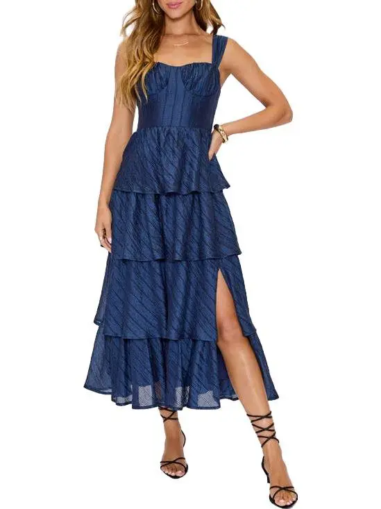 VICI Ladder Stitch Detail Tiered Dress - Navy