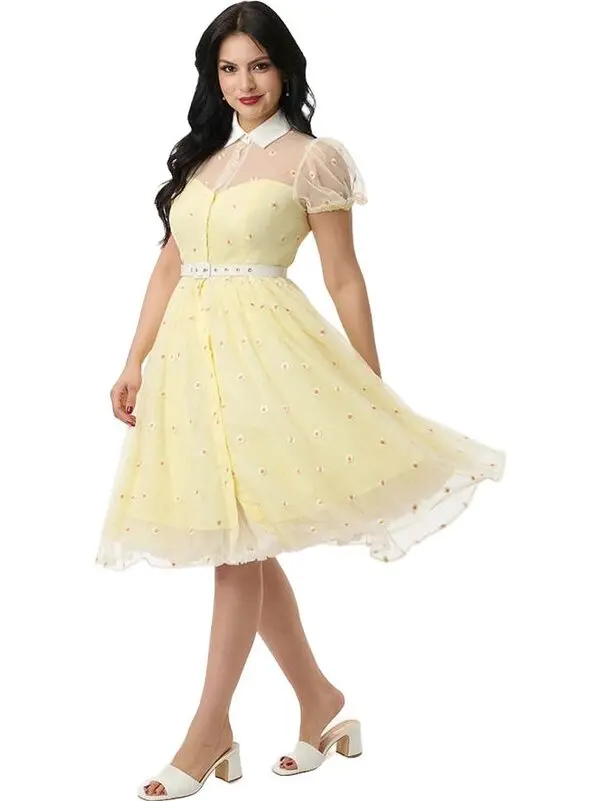 Unique Vintage 1950s Hollie Swing Dress - Light Yellow Daisy