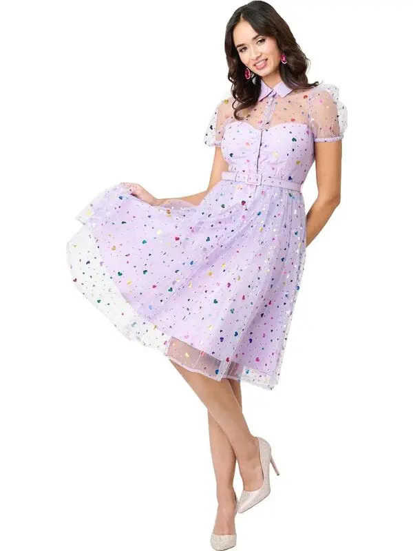 Unique Vintage 1950s Hollie Swing Dress - Purple Heart Confetti