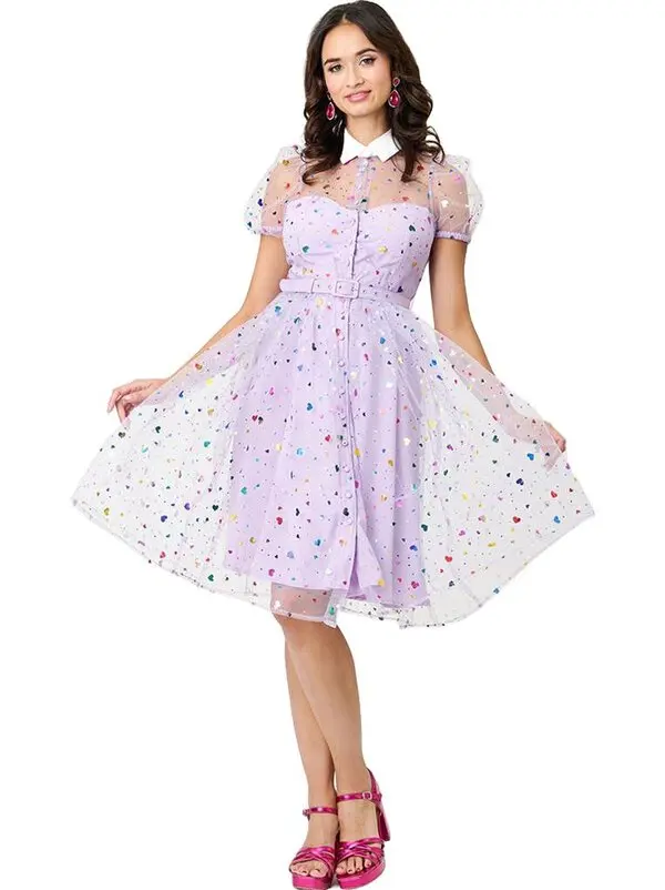 Unique Vintage 1950s Hollie Swing Dress - Purple Heart Confetti