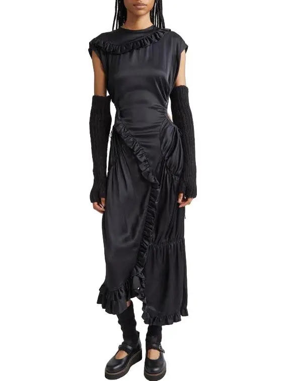 MERUERT TOLEGEN Liquid Cutout Drape Satin Midi Dress - Black