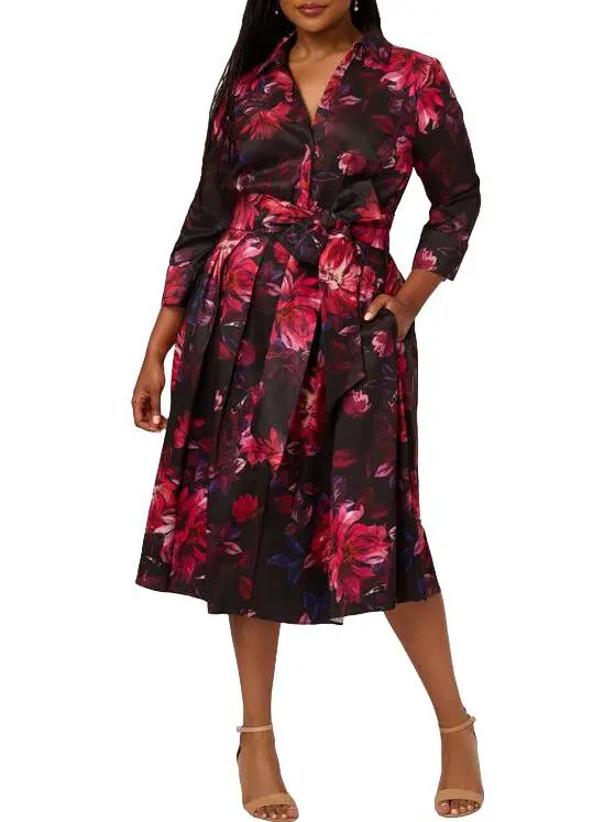 Adrianna Papell Printed Taffeta Shirtdress - Black Multi