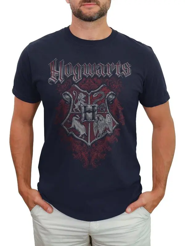 HARRY POTTER Vintage Artistic Crest Graphic T-shirt - Navy Blue
