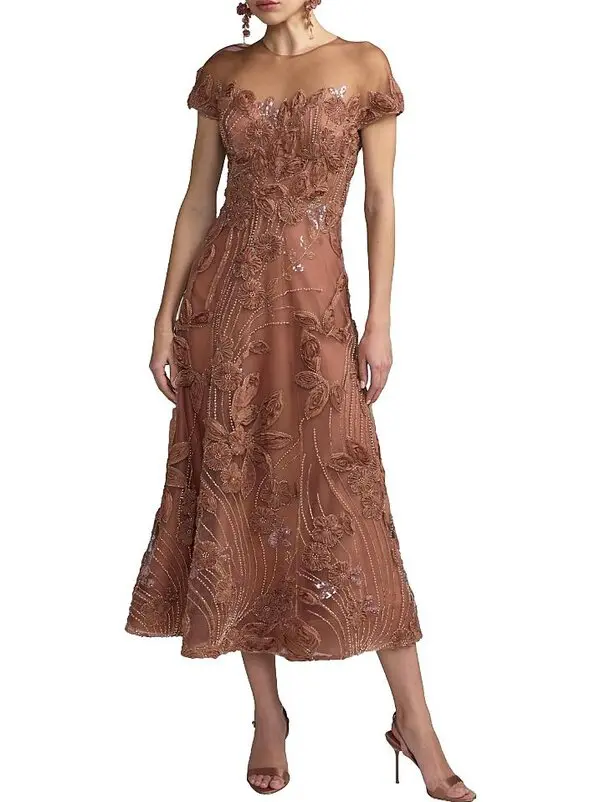 Mac Duggal Embellished Lace Illusion Neck A-line Midi Dress - Rust