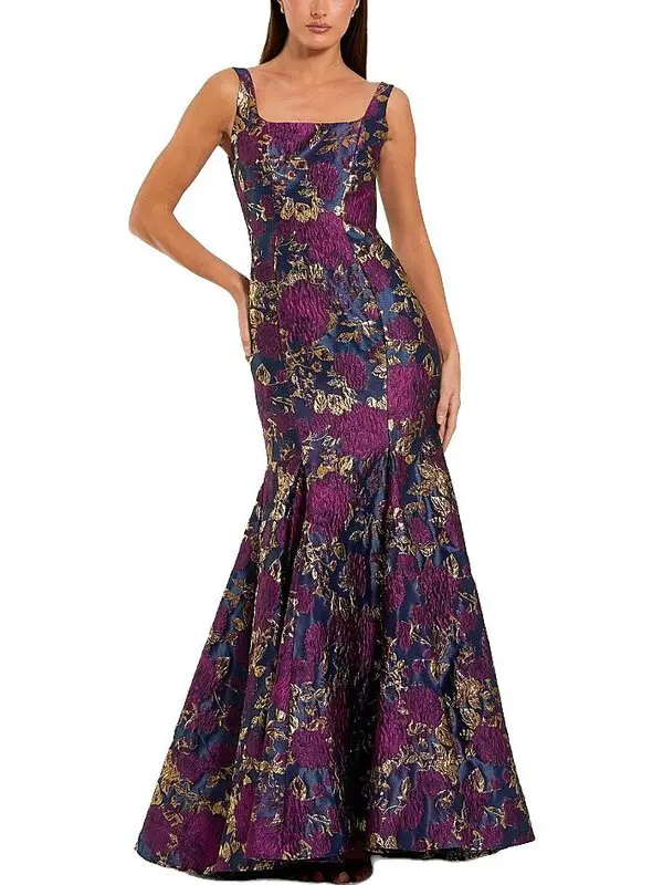 Mac Duggal Brocade Sleeveless Scoop Neck Trumpet Gown - Midnight Multi