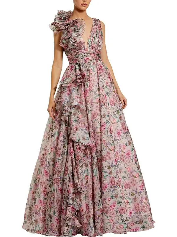 Mac Duggal Sleeveless V-neck Printed Chiffon Ruffle Ballgown - Pink Multi