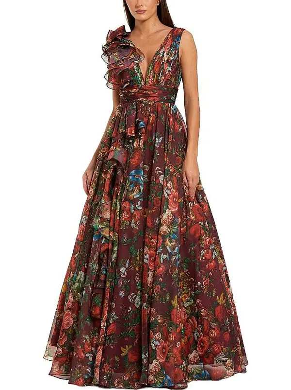 Mac Duggal Ruffle Shoulder V-neck Printed Chiffon Gown - Wine Multi