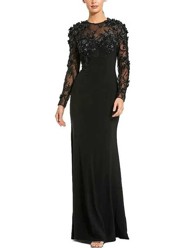 Mac Duggal Jersey Long Sleeve Gown With Floral Beading - Black