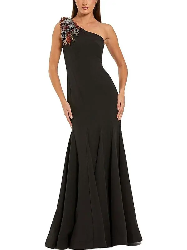 Mac Duggal Crepe One-shoulder Beaded Mermaid Gown - Black Multi