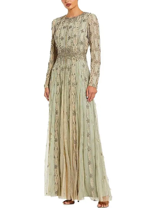 Mac Duggal Embellished Mesh Long Sleeve A-line Gown - Nude Sage